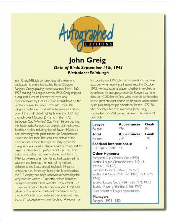 John Greig Autograph Signed Photo - Rangers