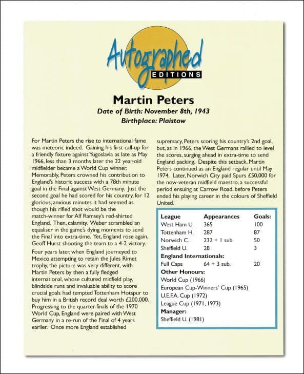 Martin Peters Autograph Signed Photo - England 1966