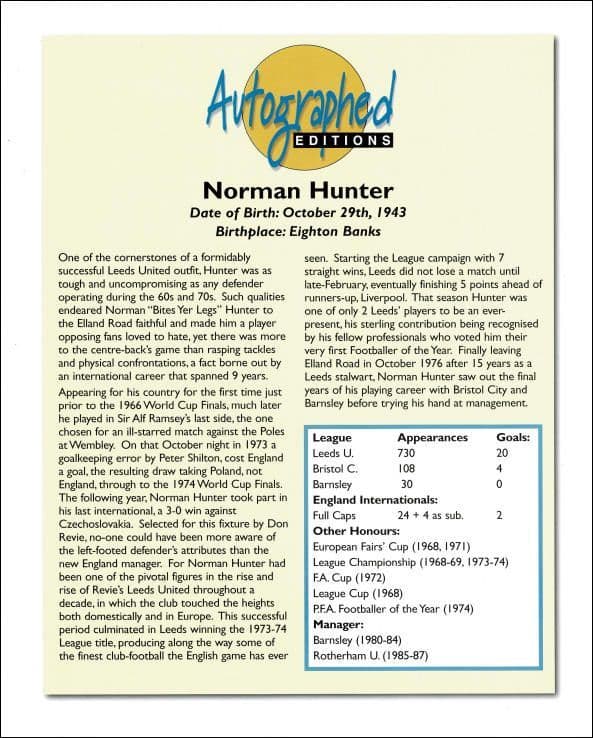 Norman Hunter Autograph Signed Photo - Leeds United