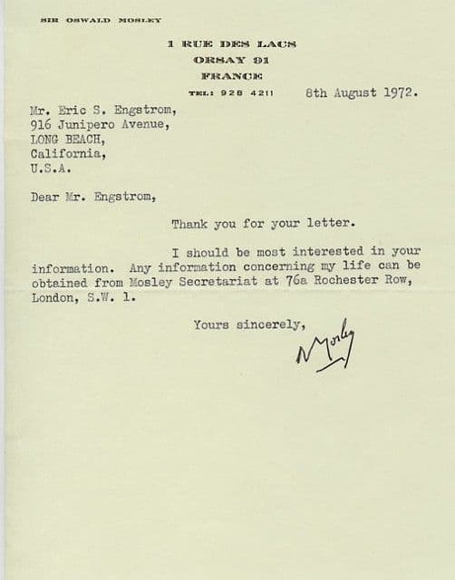 Sir Oswald Mosley Autograph Typed Letter Signed