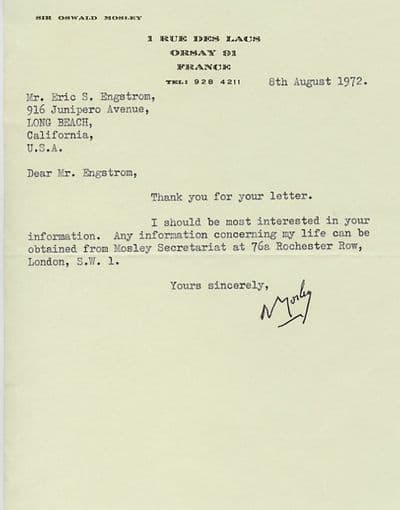 Sir Oswald Mosley Autograph Typed Letter Signed