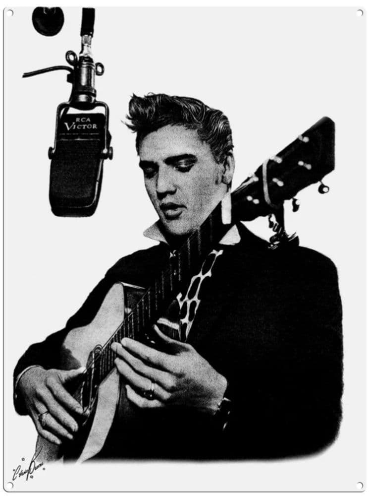 Elvis with mic Pencil Drawing by Chris Burns small steel sign 200mm x ...