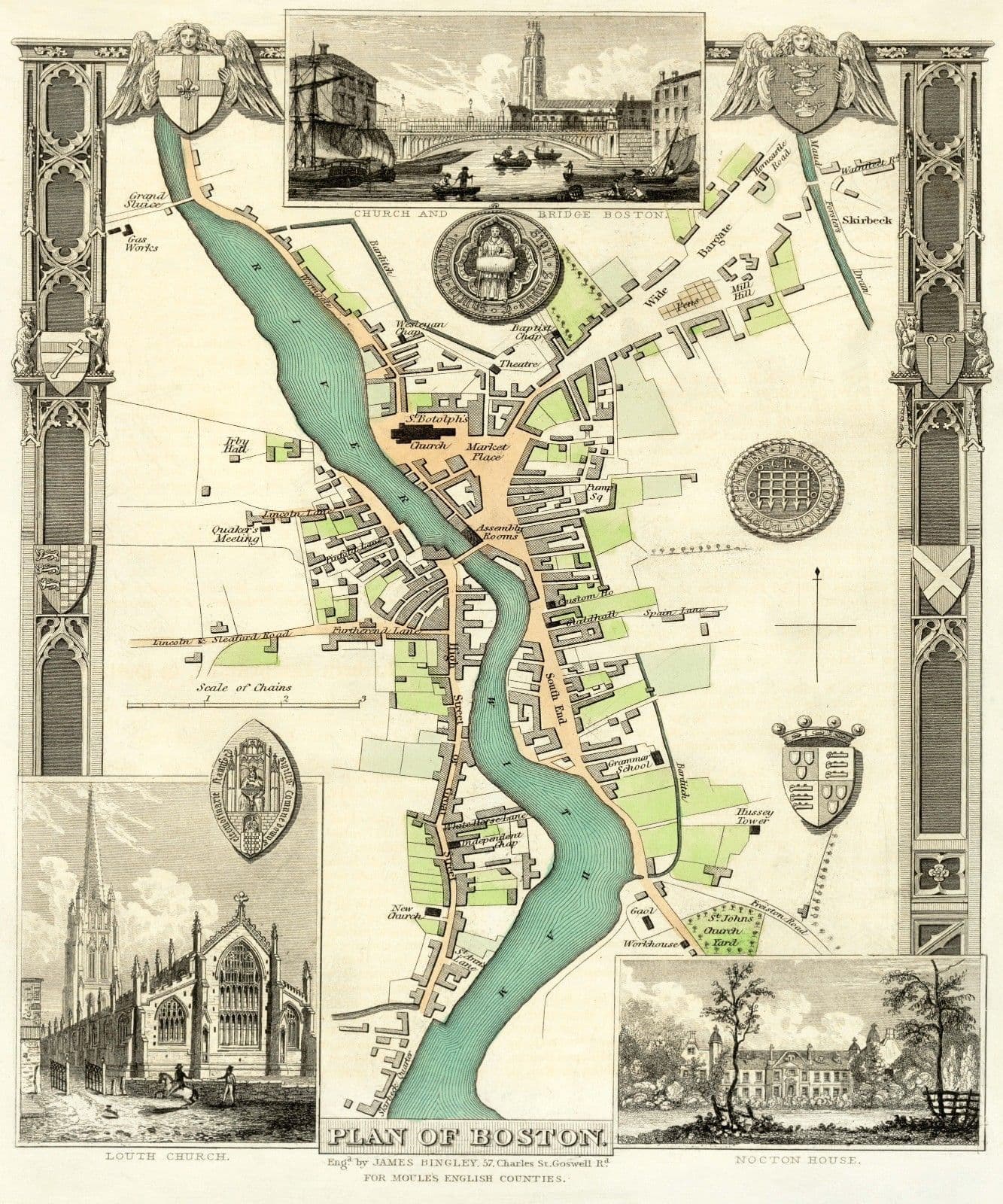 Map of Boston Lincs 1836 by Thomas Moule 1000 Piece Jigsaw Puzzle jg