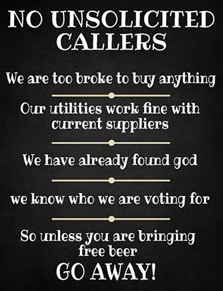 No Unsolicited Callers funny large steel sign 400mm x 300mm og
