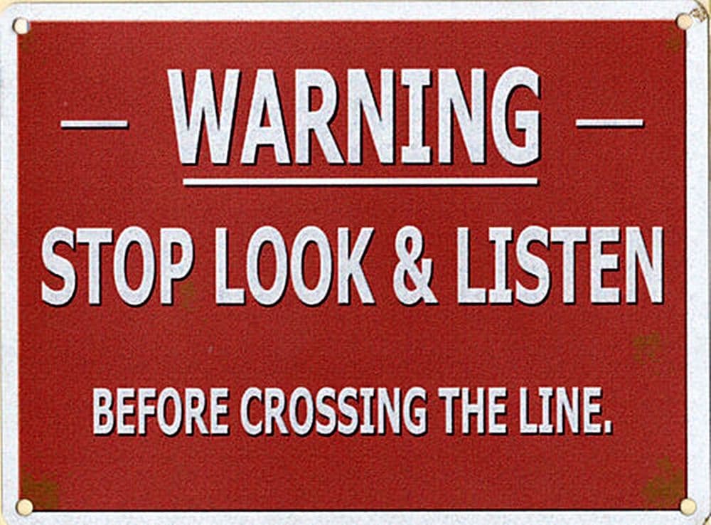 Warning Stop Look Listen metal sign 400mm x 300mm og
