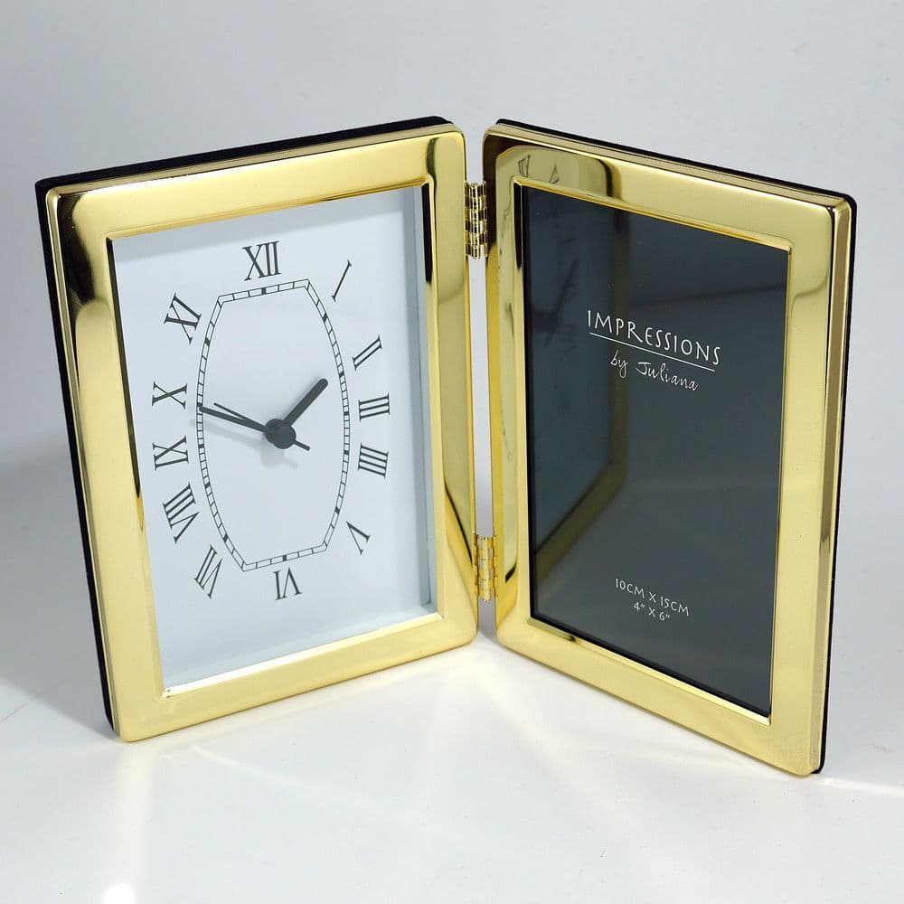 Clock Photo Frame Brass Plated Gold Tone PERSONALISED ref BPFC