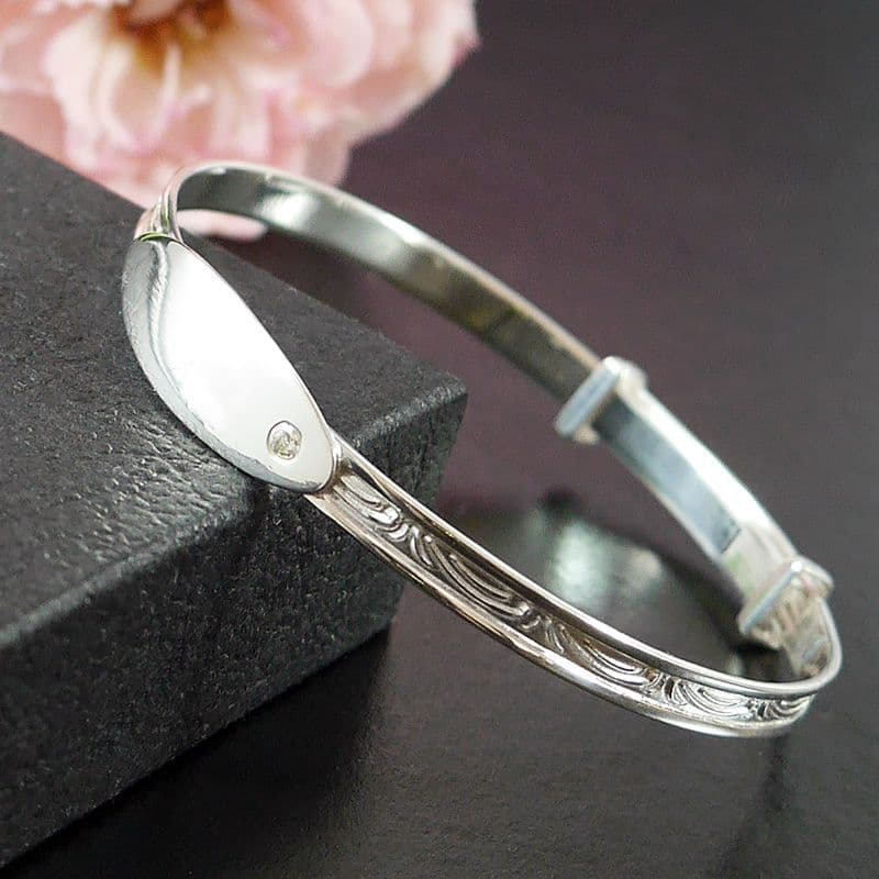 Expandable Bangle Silver with crystal Small Girl personalised engraved ...