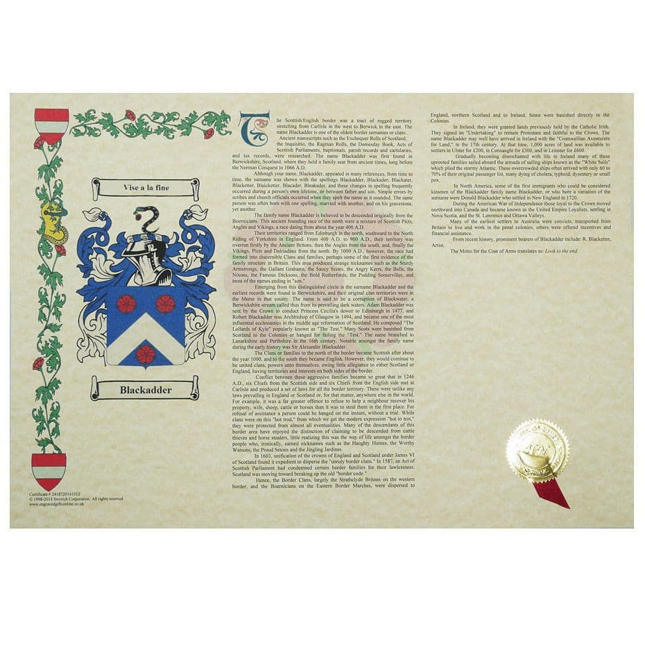 Family Crest and Surname History A3 Print PERSONALISED Landscape ref CPLU