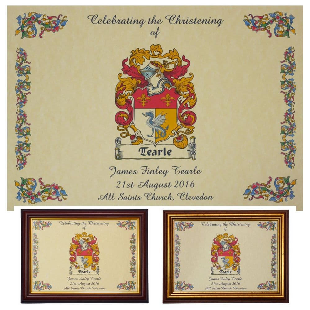 Family Crest Christening or Baptism A4 print PERSONALISED ref CFCP