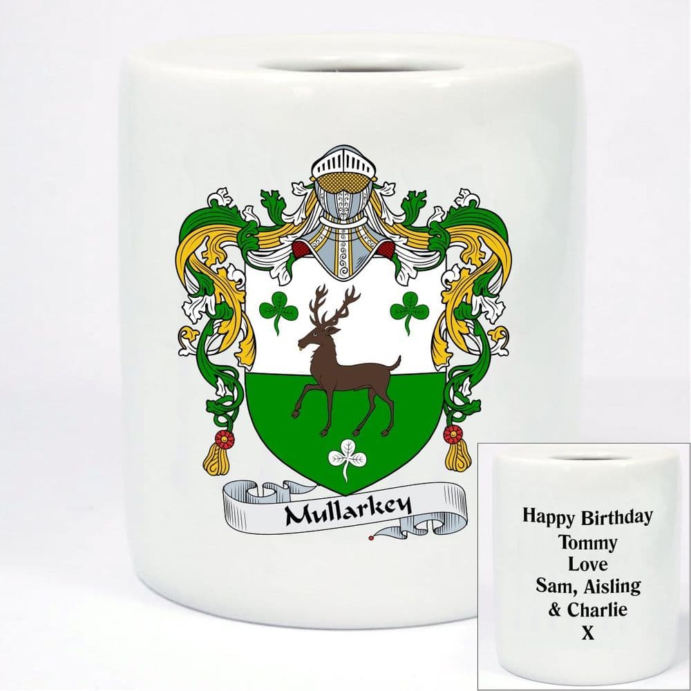 Family Crest Coat of Arms Money Box personalised message on the back ...