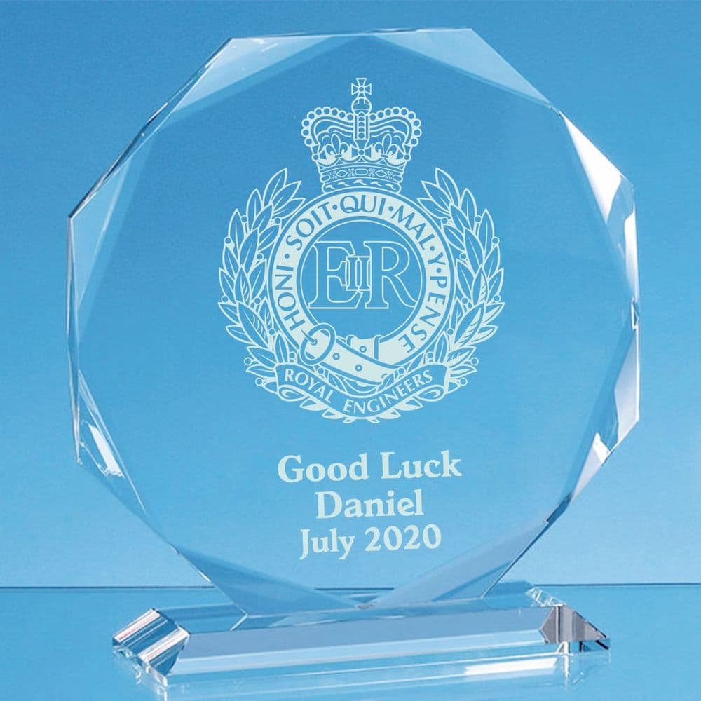 Glass Octagon 16cm Award UK Military Emblem Personalised ref CGMO