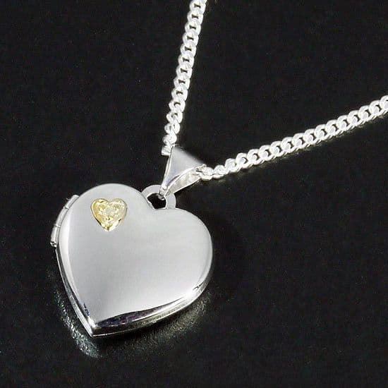 Silver Small Heart Locket with Diamond personalised ref SSHDL