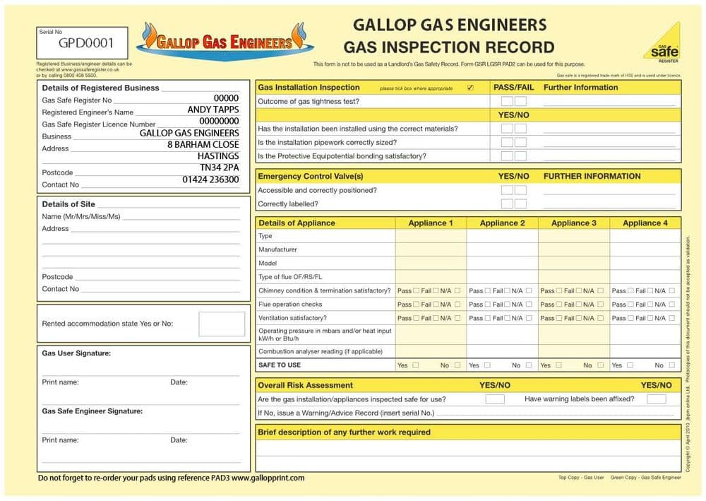 Gas Inspection Record Personalised Pad 3
