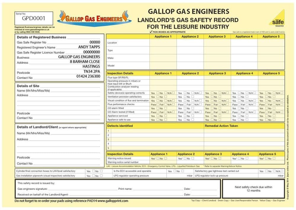 Landlords Gas Safety Record for Leisure Industry Personalised Pad 14