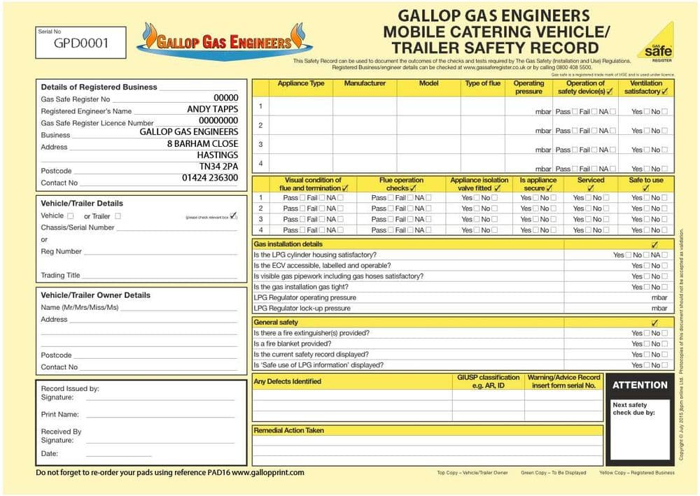 Mobile Catering Vehicle Trailer Record Personalised Pad 16