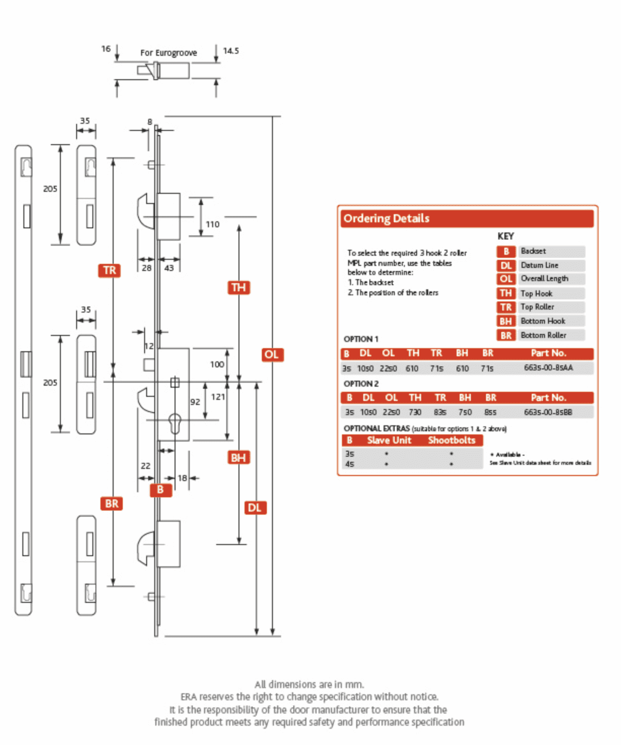Era 6635-00-85AA 3 Hook 2 Roller Euro Cylinder Multi Point Door Lock