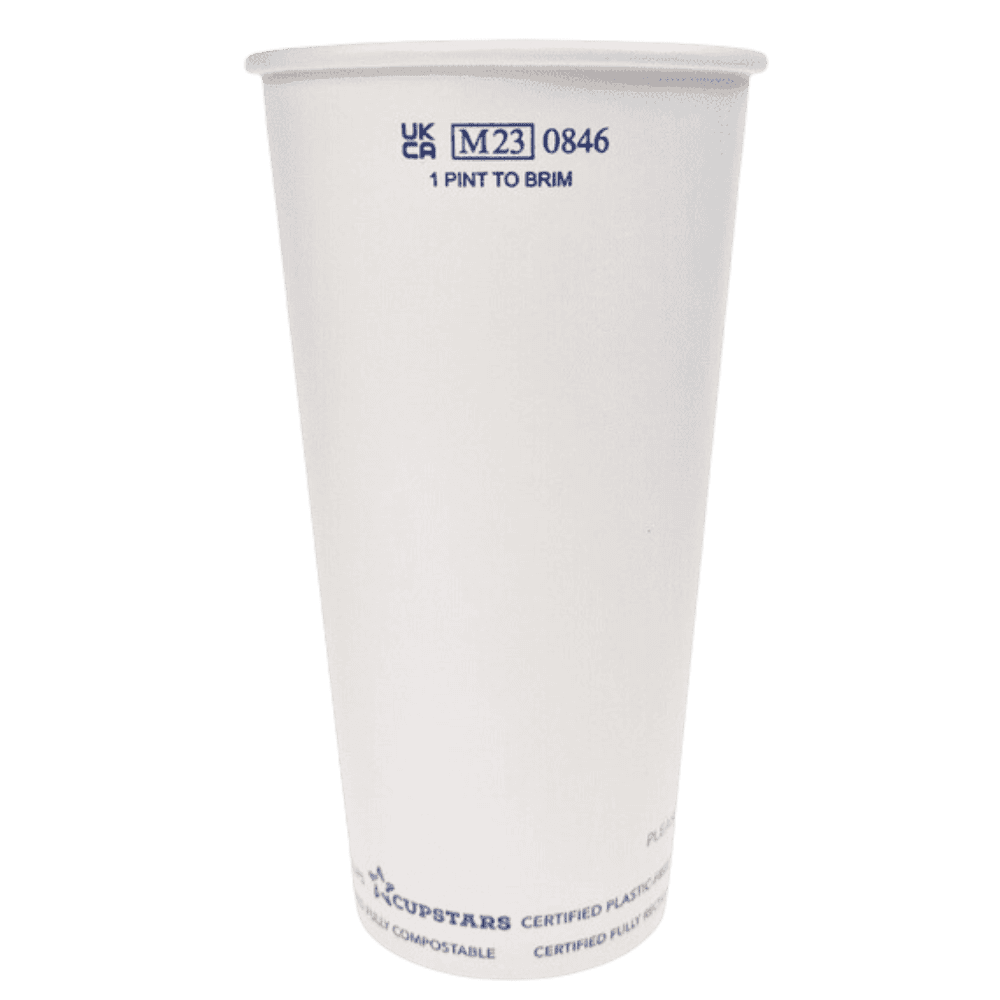 Plastic-free Aqueous UKCA Paper Pint Cups 568ml sleeve of 50