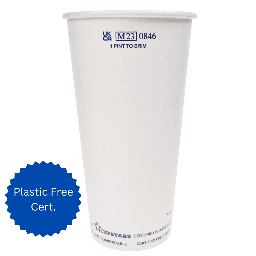 Plastic-free Aqueous UKCA Paper Pint Cups 568ml sleeve of 50