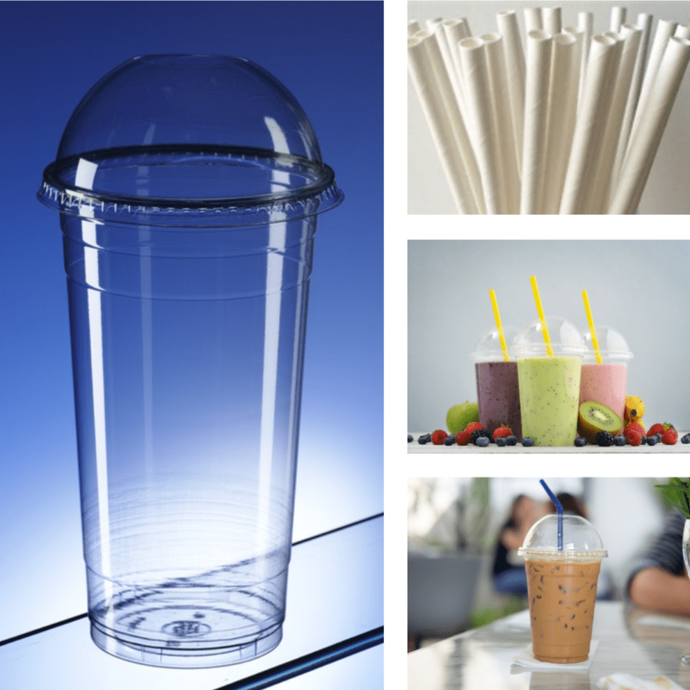 Recyclable PET Smoothie Cups with dome lids paper straws 600ml Pints pk50
