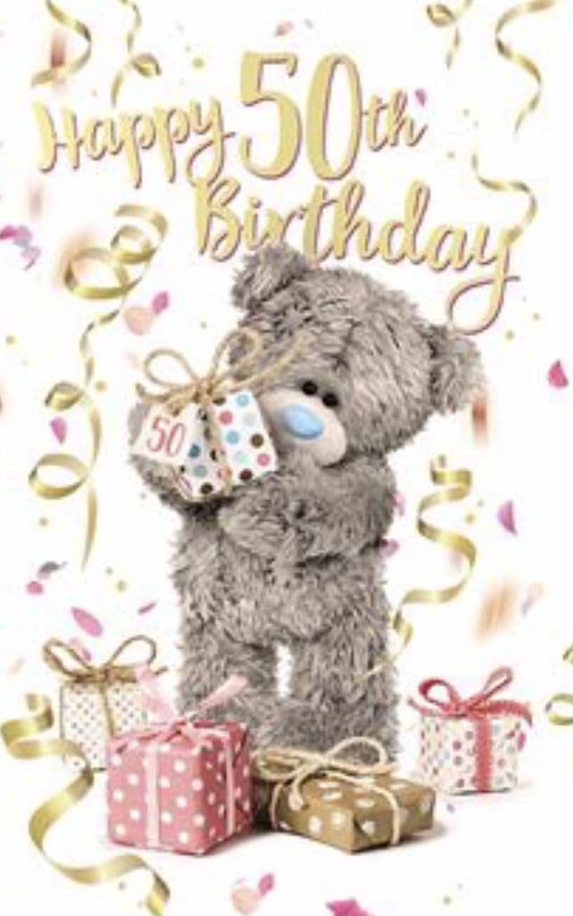 50th Birthday Bear with Presents 3D Birthday card