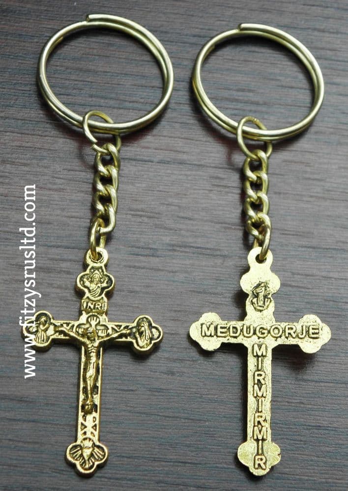 2 PCS x Cross Crucifix Jesus Christ Keyring Holy Catholic Goldtone Key Ring