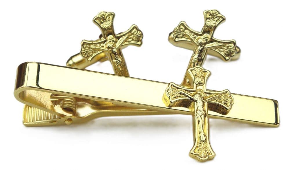 Crucifix Cuff Links & Tie Bar Clip Cufflinks Set Catholic