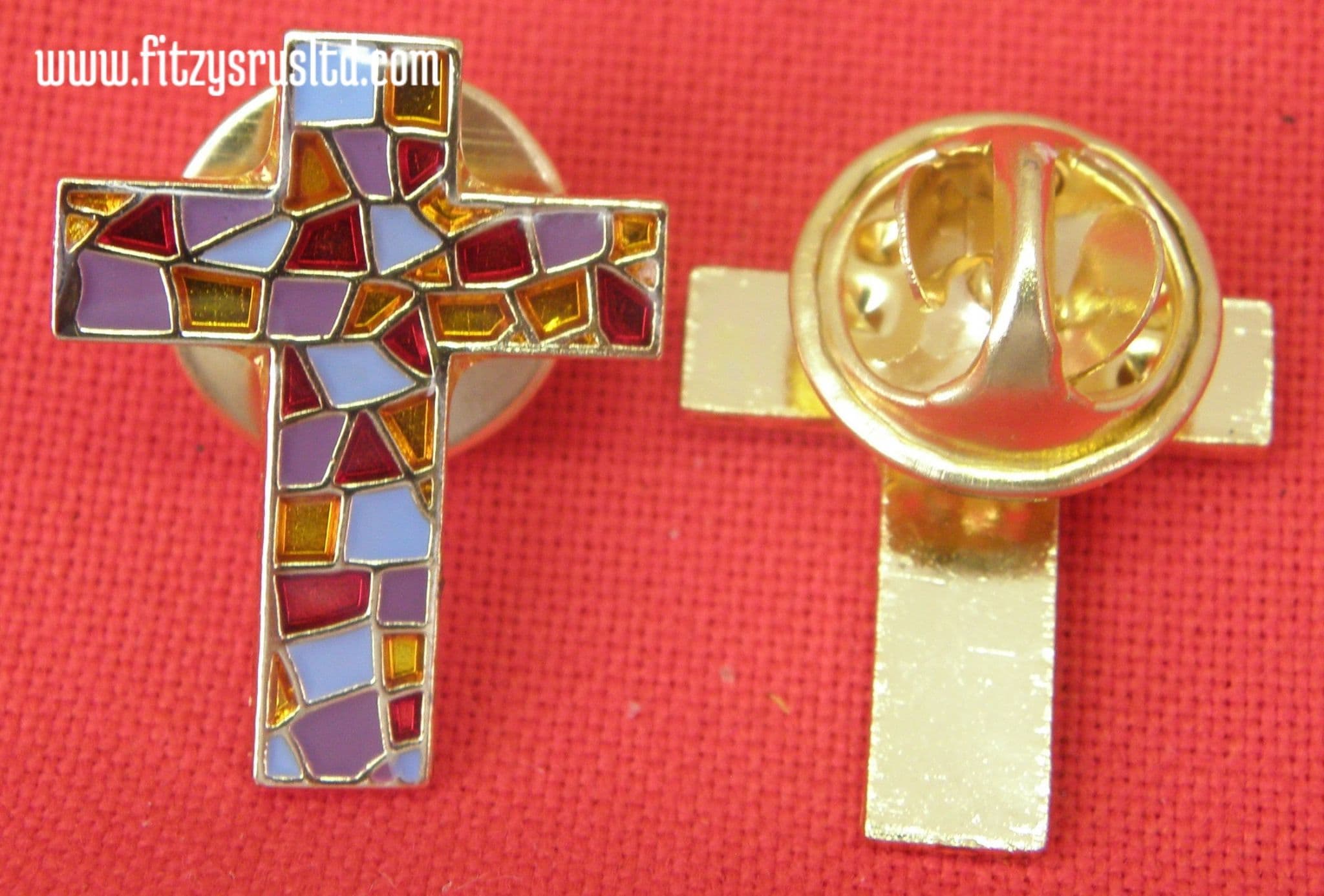 Holy Cross Christian Pin Badge Brooch Stained Glass Effect