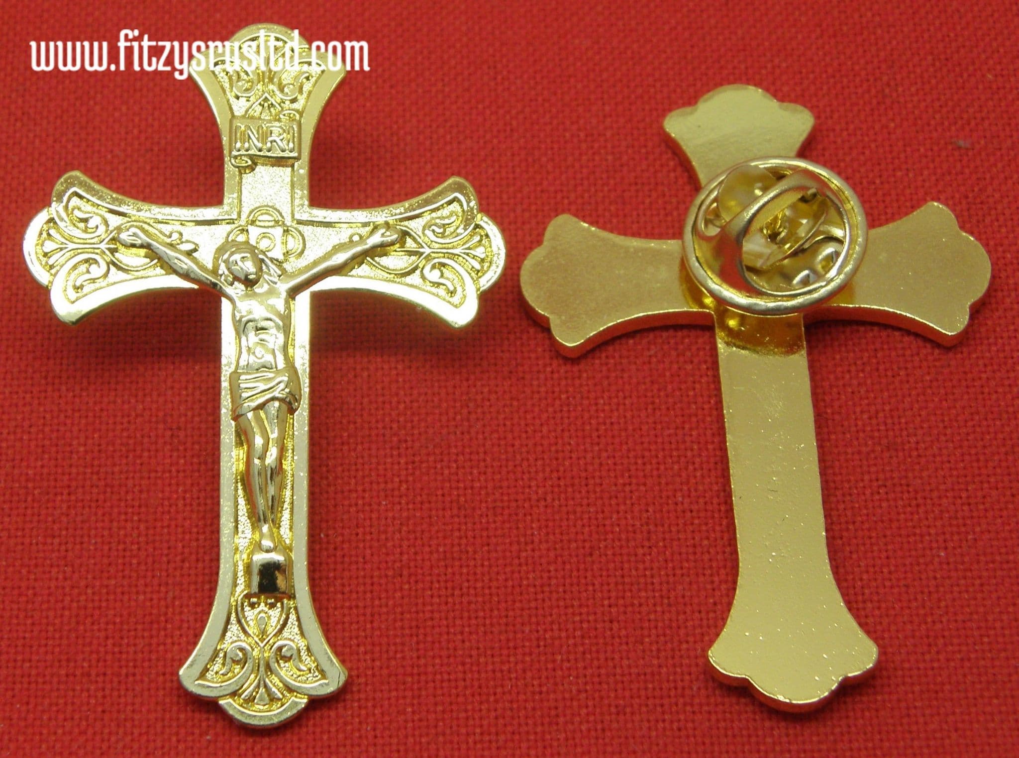 Large Gold Coloured Crucifix Lapel Pin Badge Catholic Holy Cross Brooch