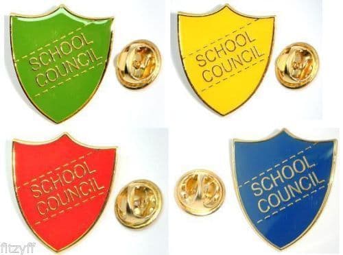 School Council Shield Metal Lapel Pin Badge Brooch Red Blue Green or Yellow
