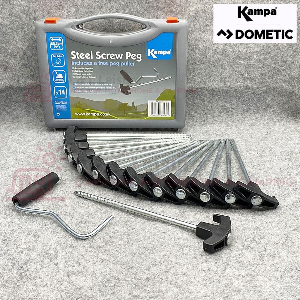Kampa DOMETIC Steel Screw Peg Awning Tent Rock Peg Set & FREE Peg Puller PG0021