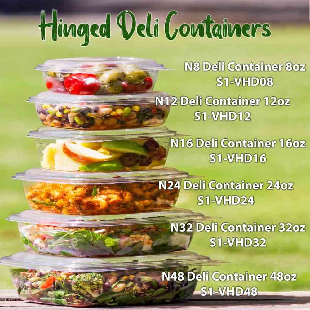 PLA Compostable Hinged Deli Salad Containers 8 to 48oz