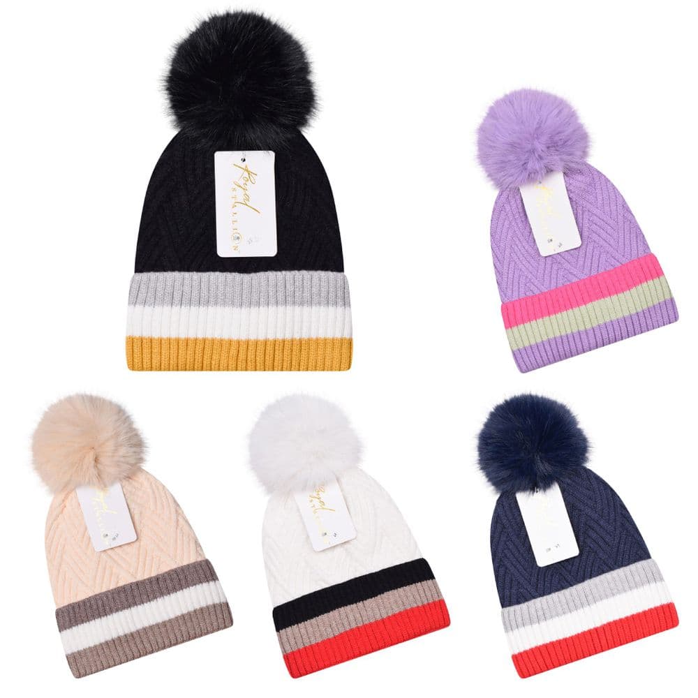 Tri colour pom pom beanie hats