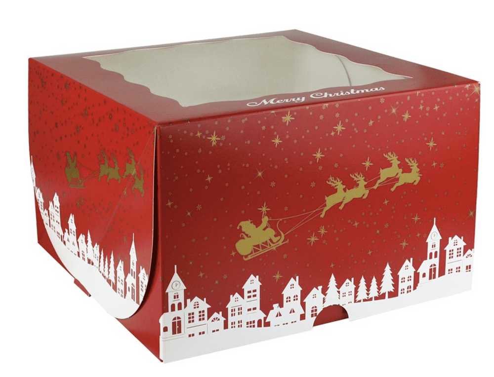 Merry Christmas Red Town Patterned 10" Windowed Cake Box