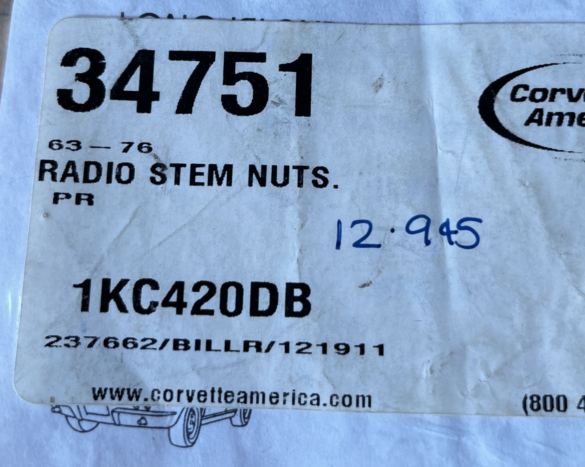 1963-1976 C2 C3 Corvette pair Radio Stem Nuts New