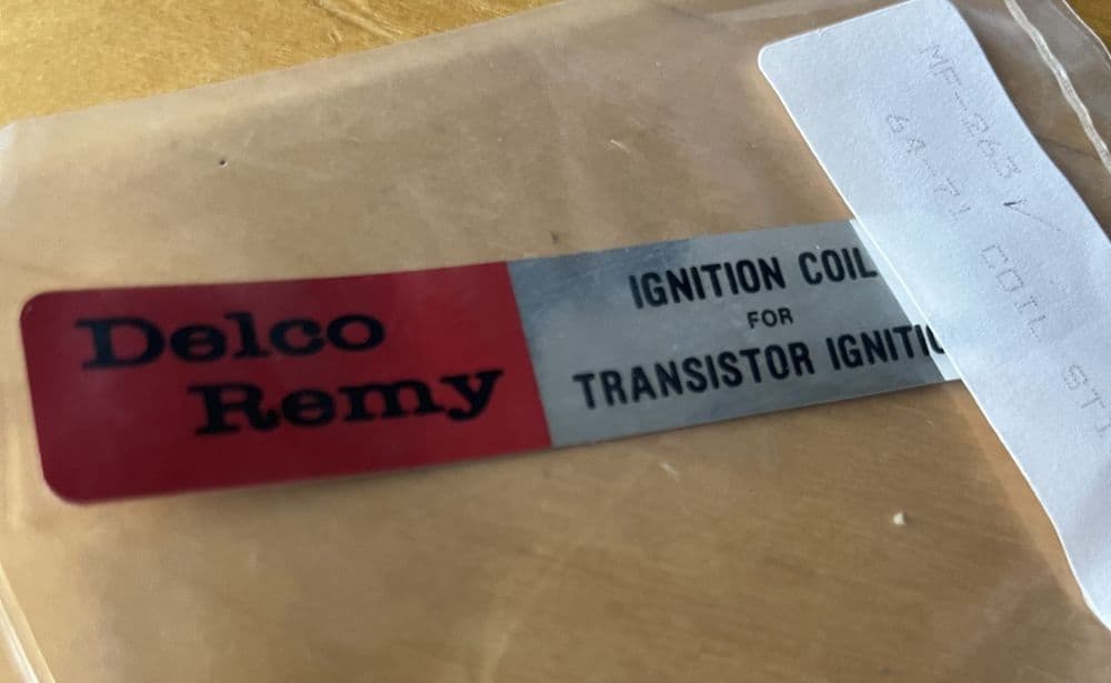 1964-71 transistor coil DECAL STICKER Peel Off Adhesive Back MF263