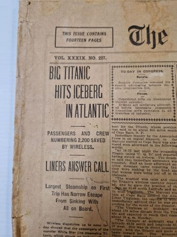 Original Titanic Disaster Headline Newspaper 15th April 1912