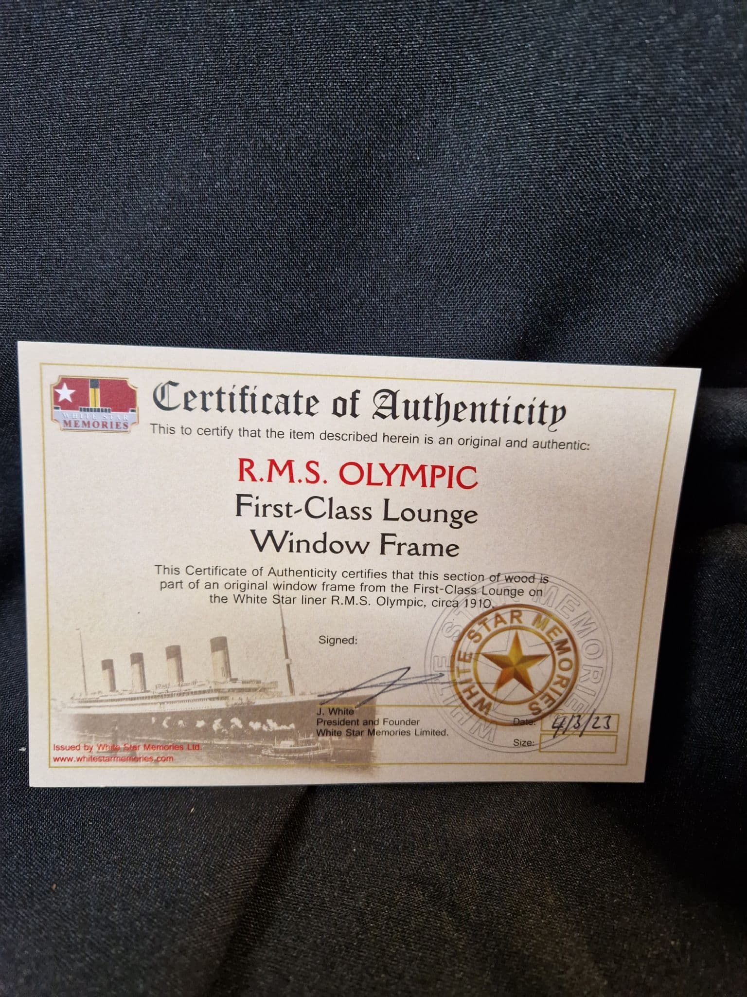 RMS Olympic 1st class lounge window frame 6 inches