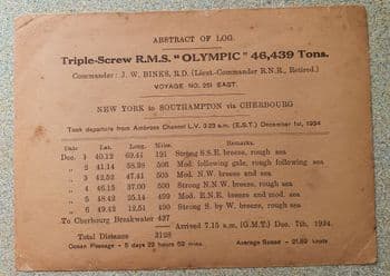 RMS Olympic abstract of log December 1st 1934