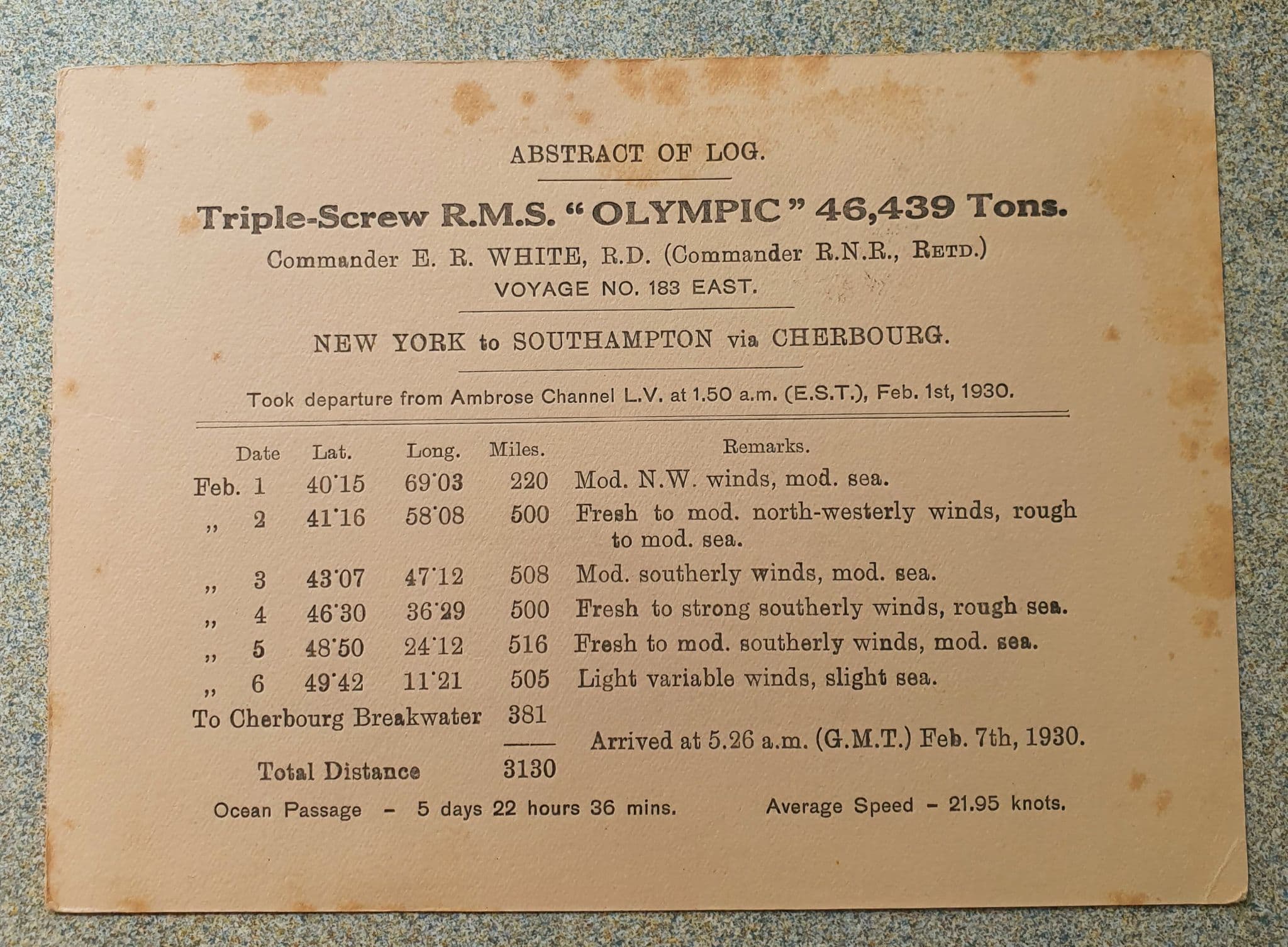 RMS Olympic abstract of log Feb 1st 1930