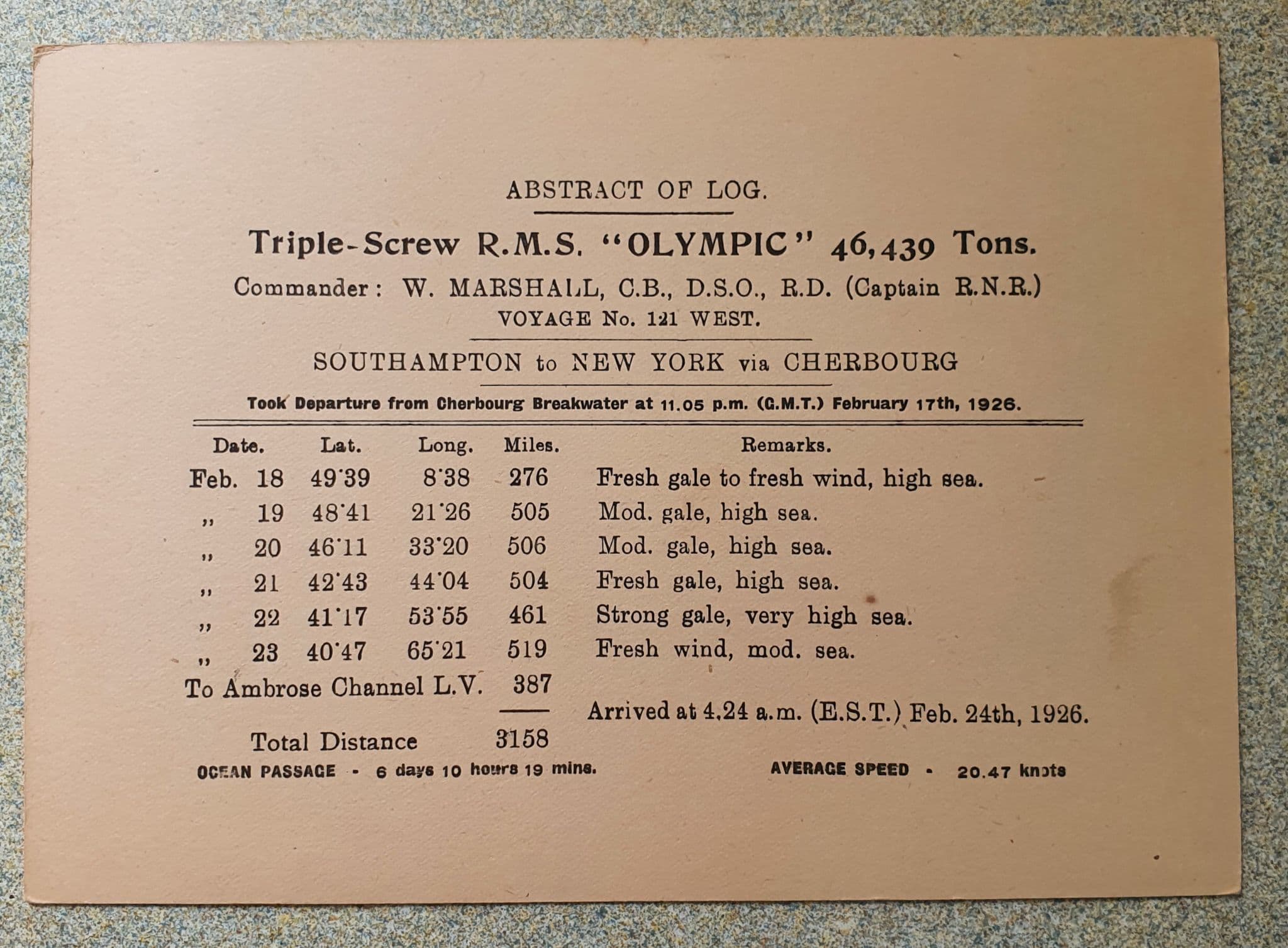 RMS OLYMPIC abstract of log Feb 26th 1926