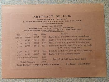 RMS Olympic abstract of log June 16th 1921