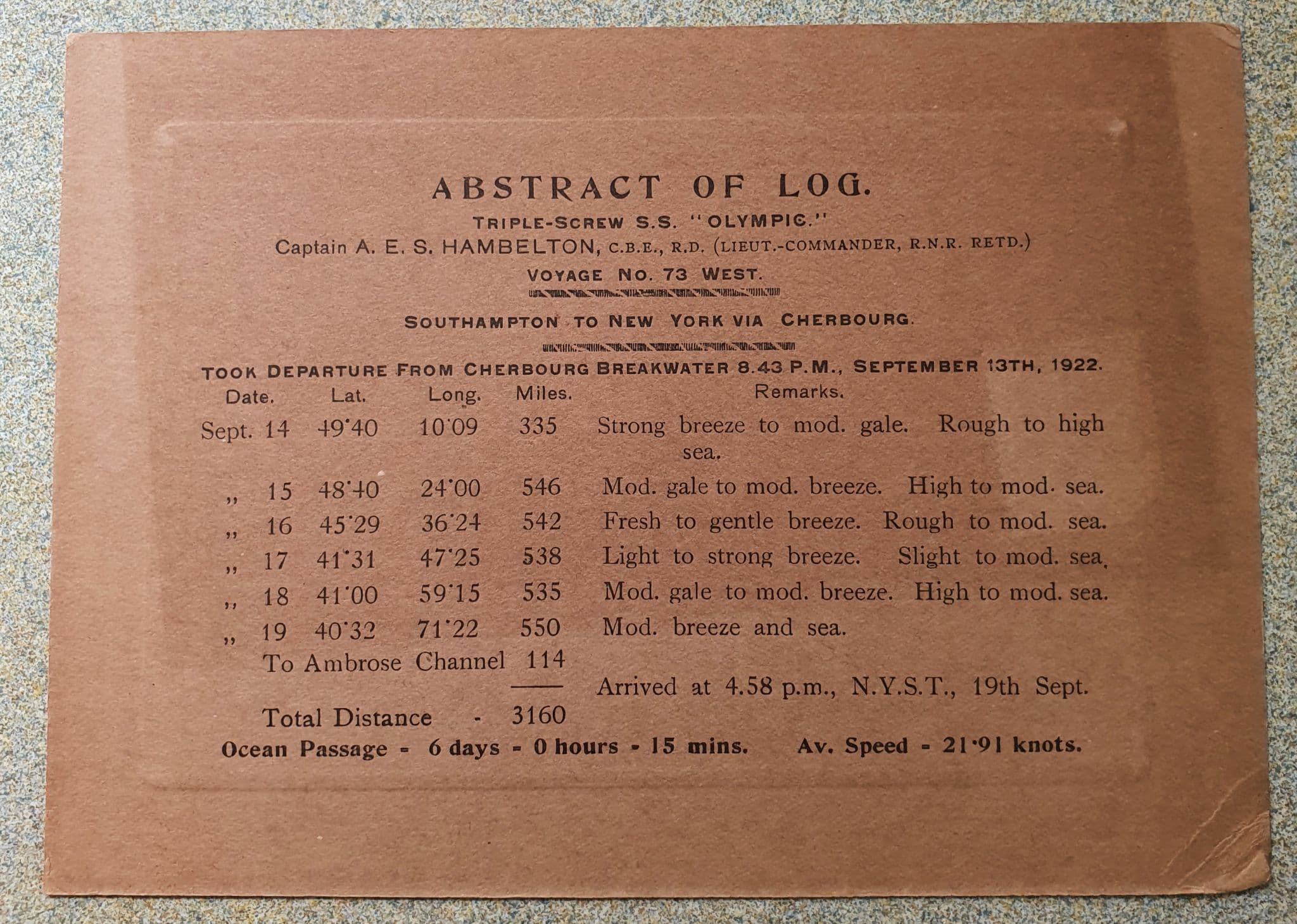 RMS Olympic abstract of log September 13th 1922