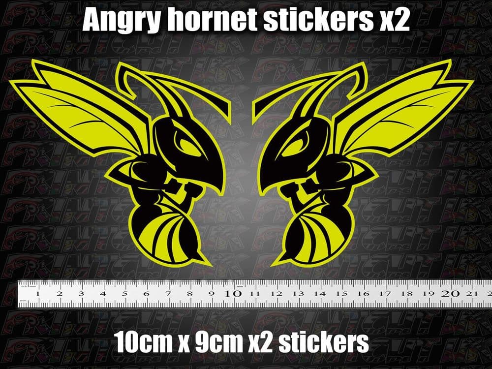 Angry Wasp Hornet Stickers x2 Moto GP laptop helmet bike car scooter yellow