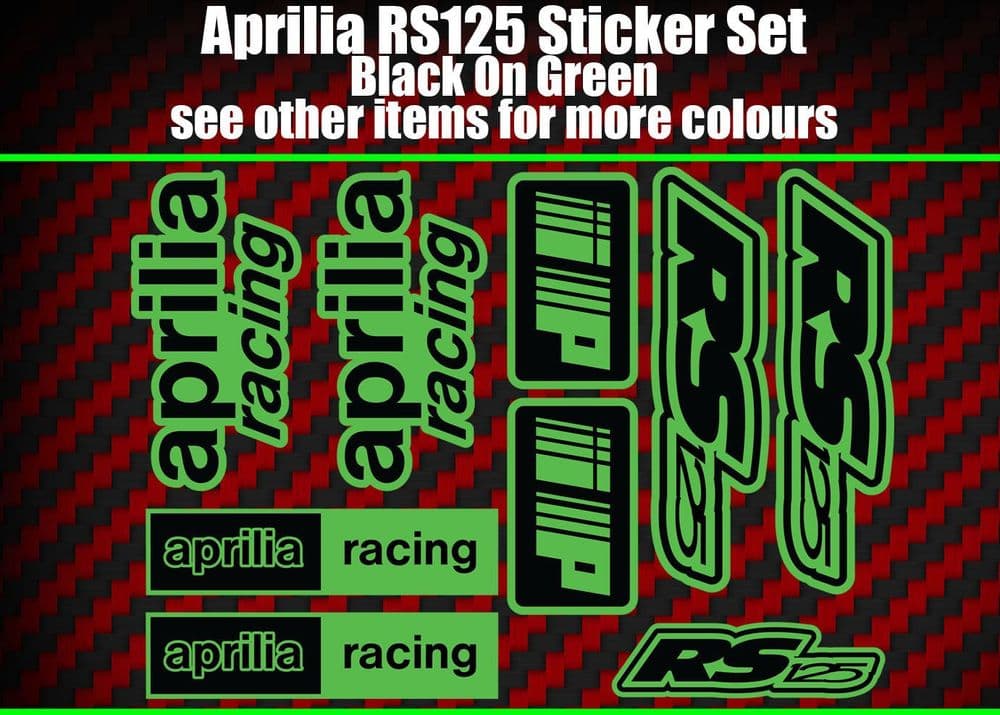Aprilia RS125 DECALS STICKERS Green & Black RS 125 Racing IP 9 piece