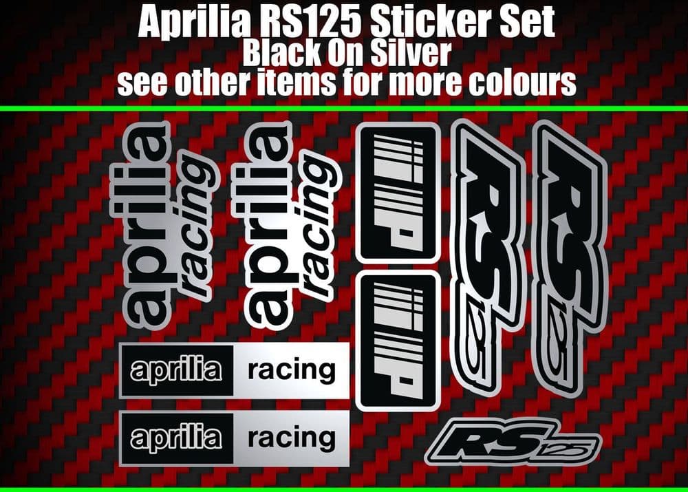 Aprilia RS125 DECALS STICKERS Silver & Black RS 125 Racing IP 9 piece