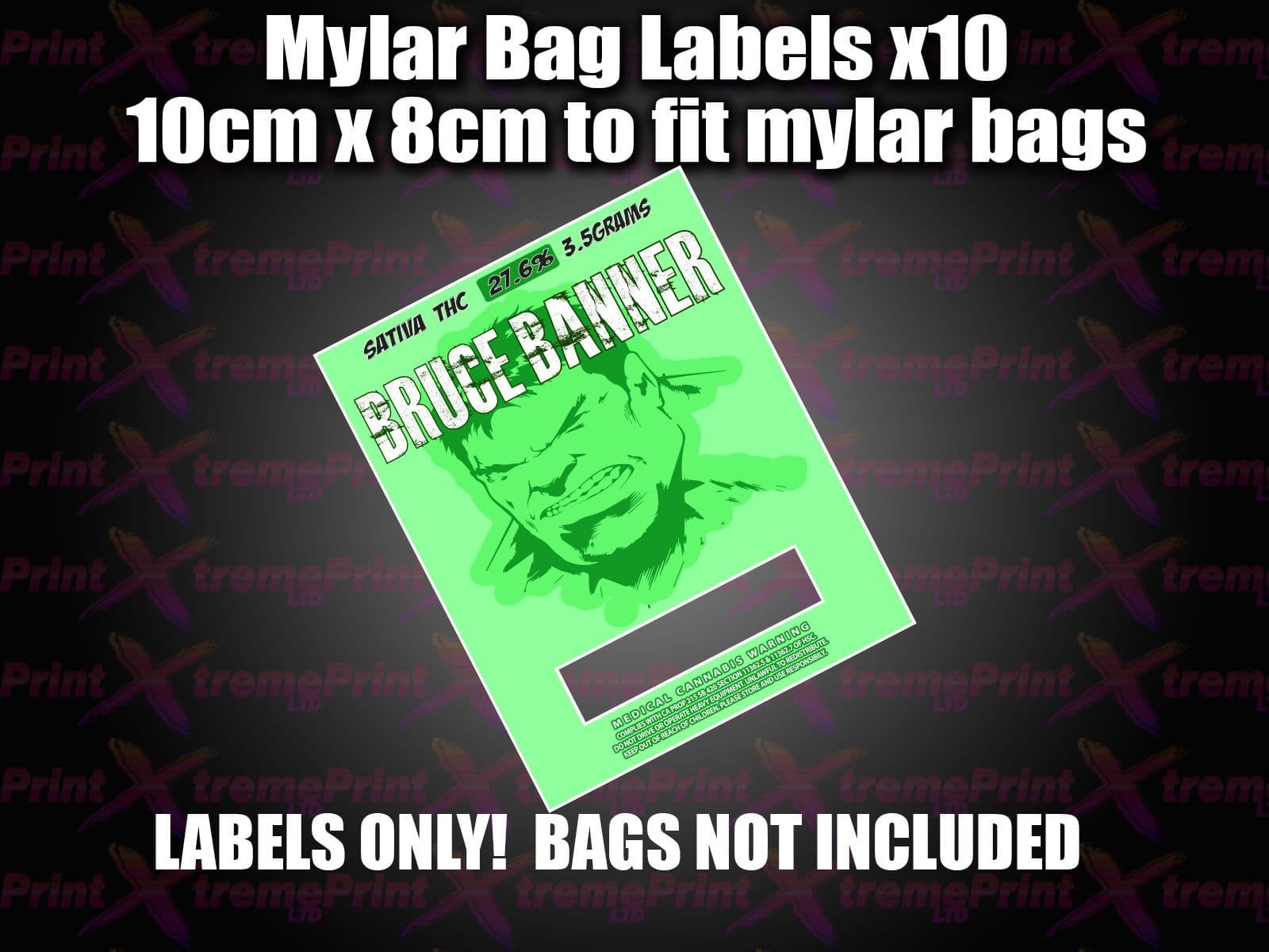 BRUCE BANNER MYLAR BAG POUCH LABELS 10CM X 8CM Cali Stickers strain