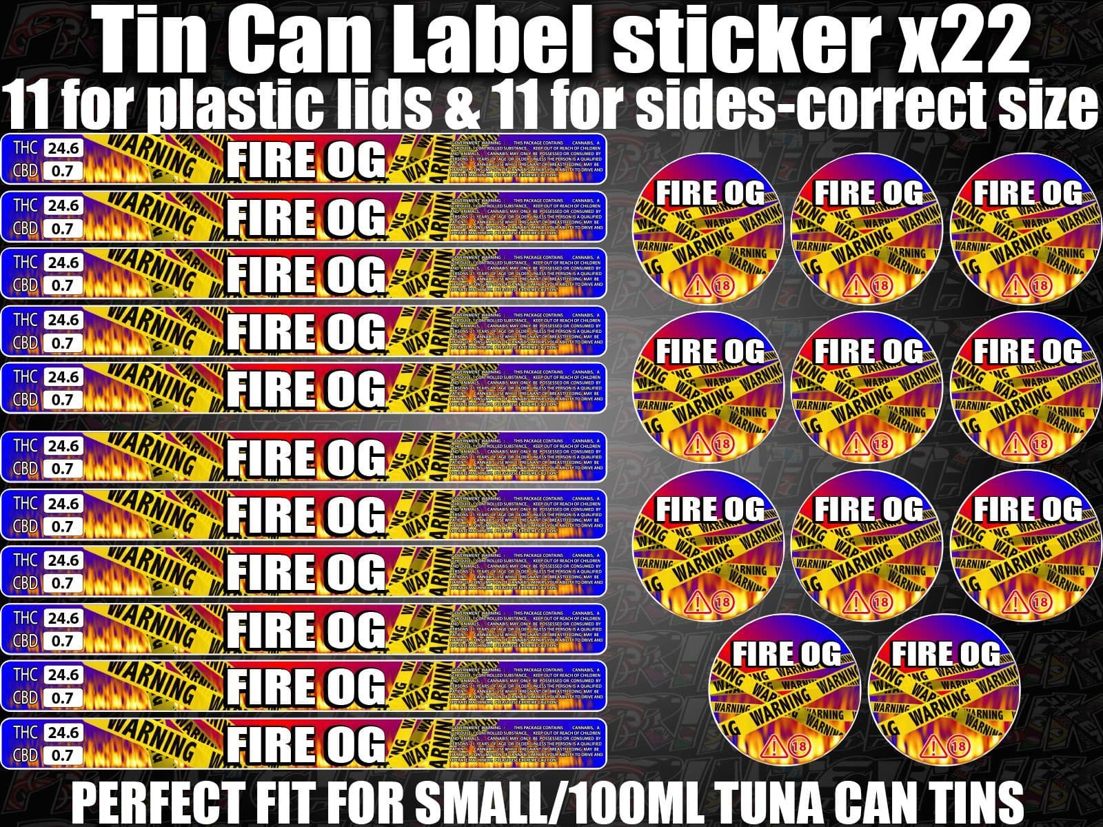 FIRE OG Cali pressitin tuna Tin Labels Stickers RX Medical HQ