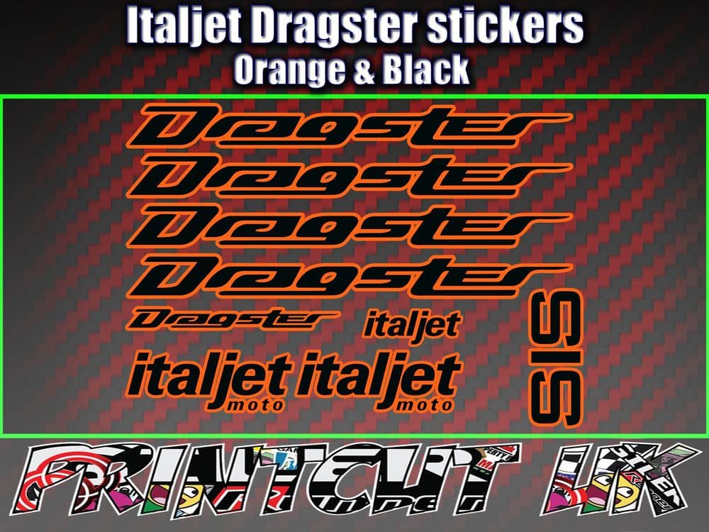 Italjet Dragster Decals Stickers ORANGE & BLACK 9 piece set 50 70 125 ...