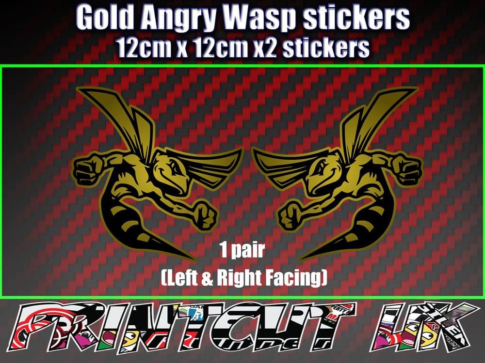 Pair of GOLD Angry Wasp Stickers laptop helmet bike car scooter vespa ...