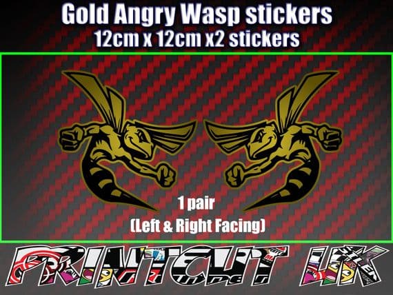 Pair of GOLD Angry Wasp Stickers laptop helmet bike car scooter vespa ...